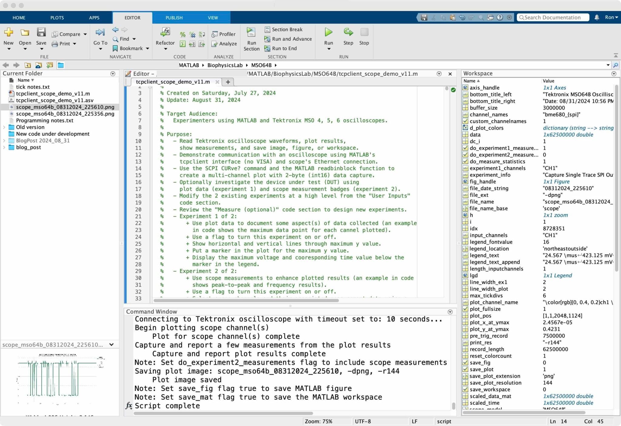 MATLAB Script for Tektronix Scope Plot and Measure – Biophysics Lab